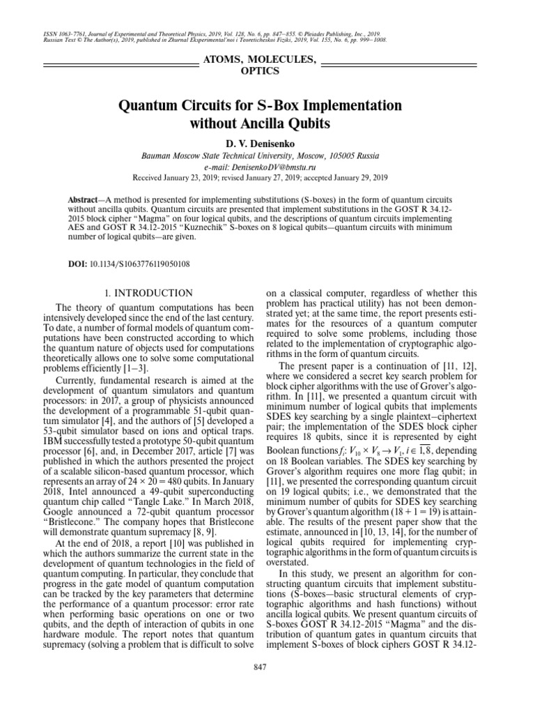 Quantum Circuits For S-Box Implementationwithout Ancilla Qubits | PDF ...