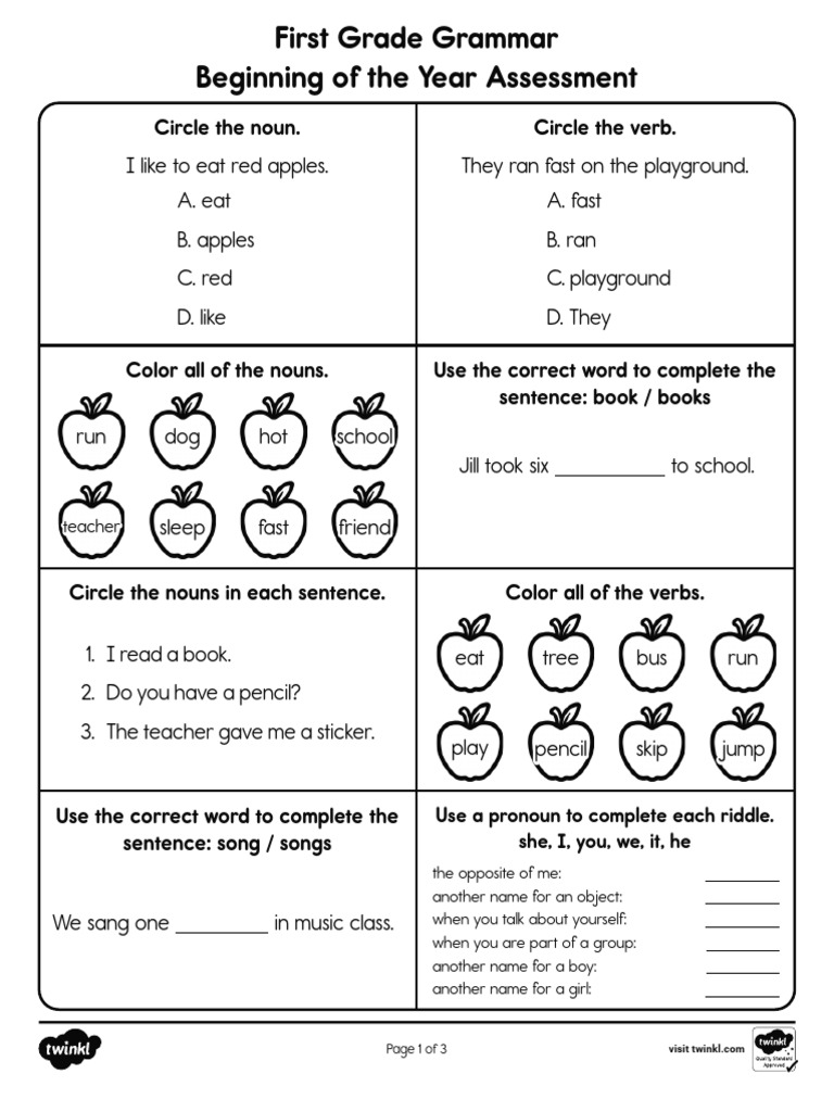 First Grade Grammar Assessment Guide | PDF | Noun | Verb