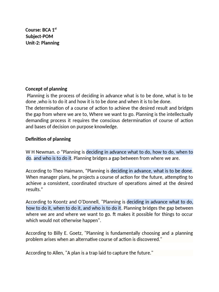 Unit - 2 Planning - POM BCA1 | PDF | Goal | Planning