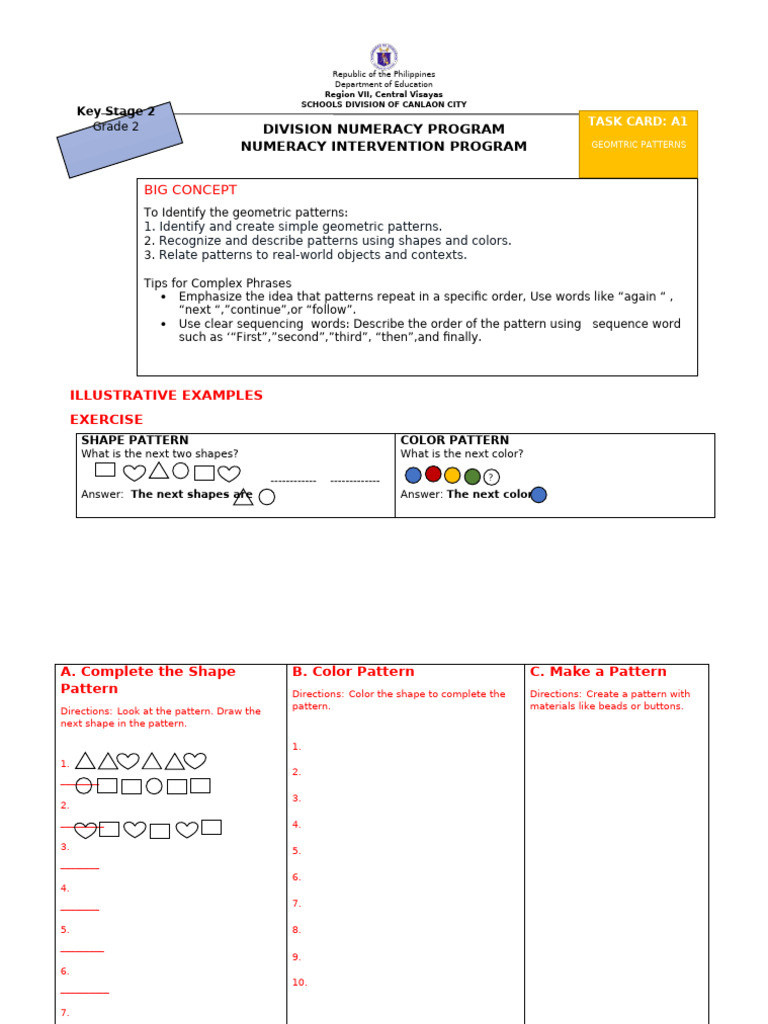 TASK-CARD #2 Key Stage 2 Masulog ES | PDF | Pattern | Shape