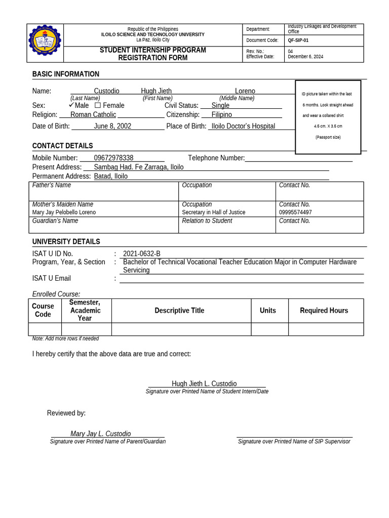 QF SIP 01 Student Internship Program Registration Form | PDF | Government And Personhood