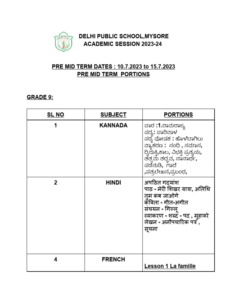 8978 Pre-Mid Term Portions Document - Grade9 | PDF | Verb | Linguistics
