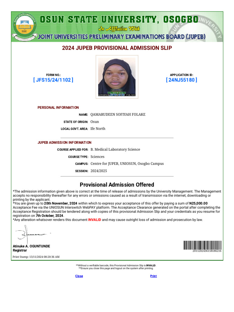 JUPEB 2024 Admission Slip UNIOSUN | PDF