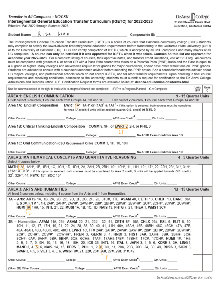 2022-2023 IGETC Transfer Guide | PDF | Universities And Colleges