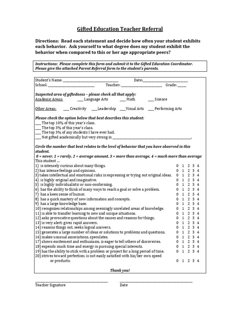 Teacher Referral Form | PDF | Intellectual Giftedness | Gifted Education