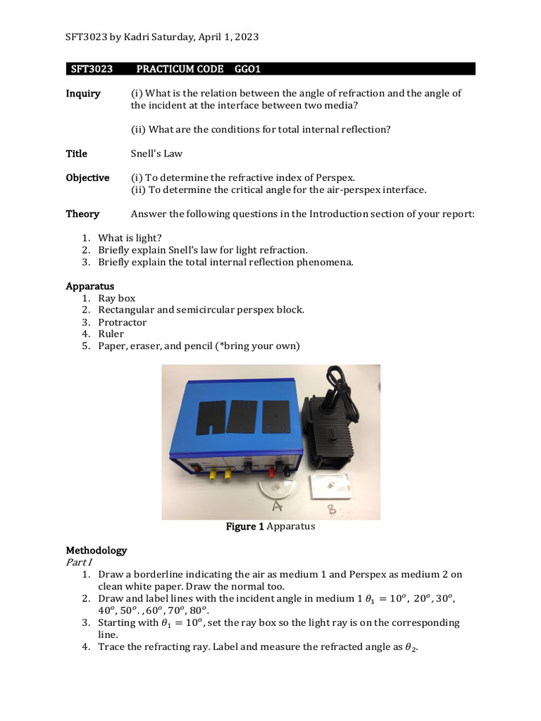Snell's Law and Total Internal Reflection | PDF | Refraction ...