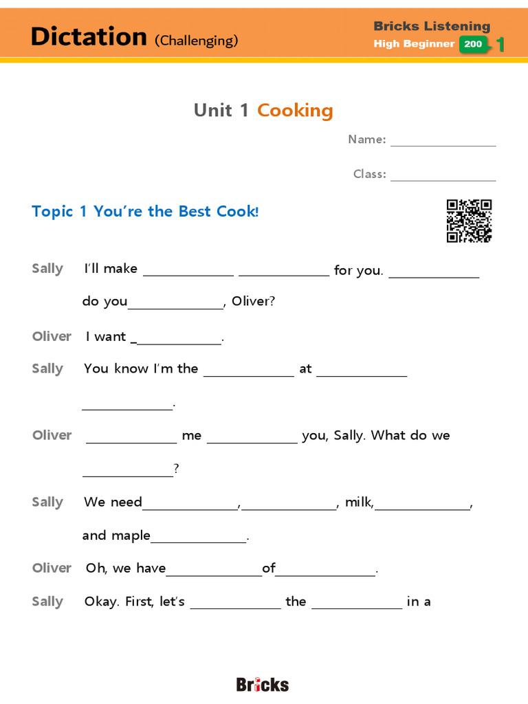 Bricks Listening High Beginner 200 - L1 - Dictation Sheet - Challenging | PDF | Harry Potter