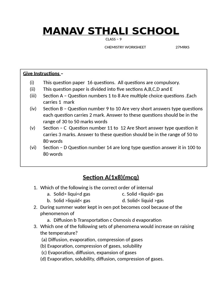Class 9 Chemistry Worksheet Guide | PDF | Chemical Process Engineering ...