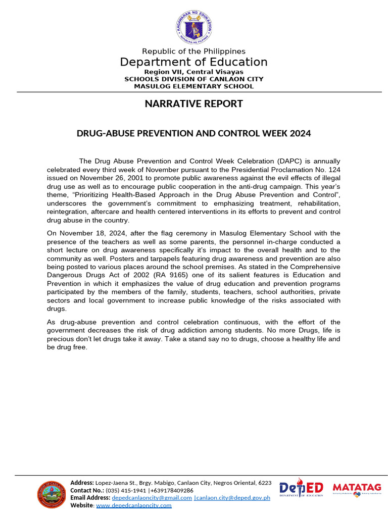 DAPC Narrative Report-MASULOG ES | PDF | Substance Abuse | Social ...