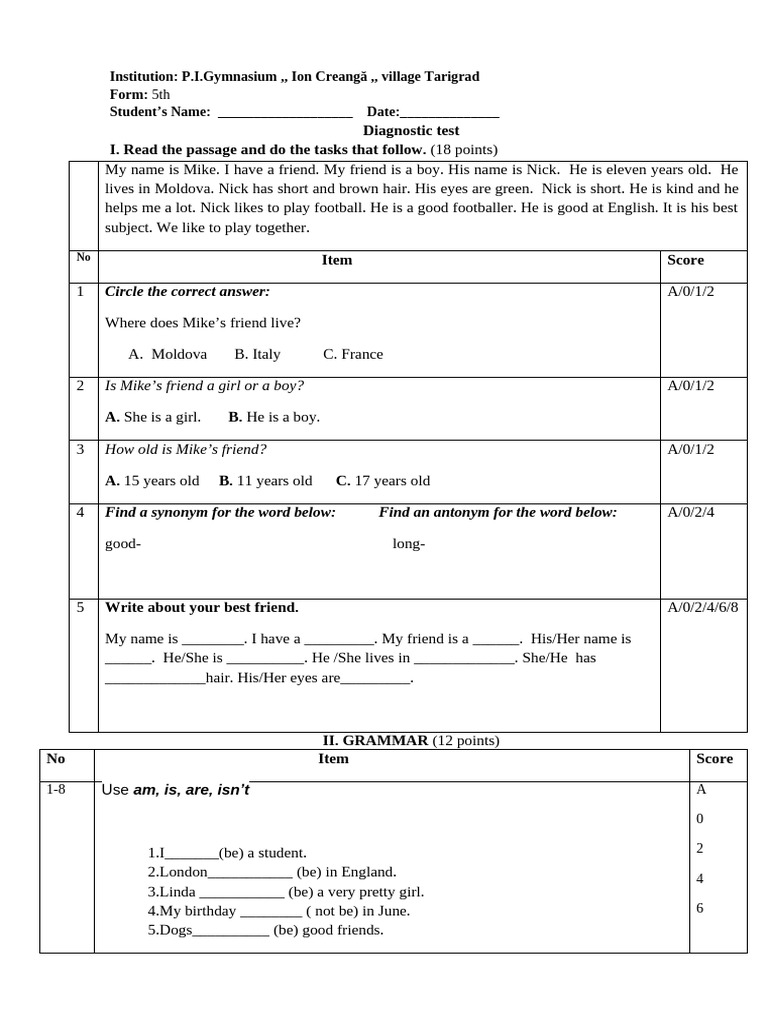 Diagnostic Test 5th Form | PDF