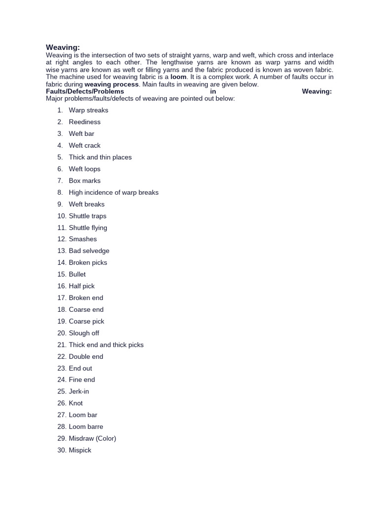 Weaving Defects | PDF | Weaving | Loom