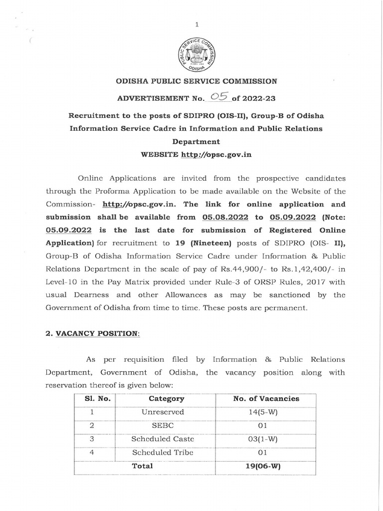 OPSC SDIPRO Recruitment Notification 2022 | PDF