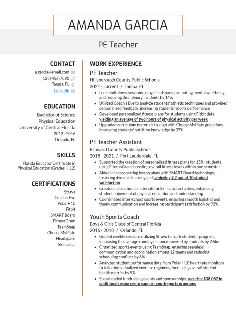 Pe Teacher Resume Example | PDF | Physical Education | Behavior ...