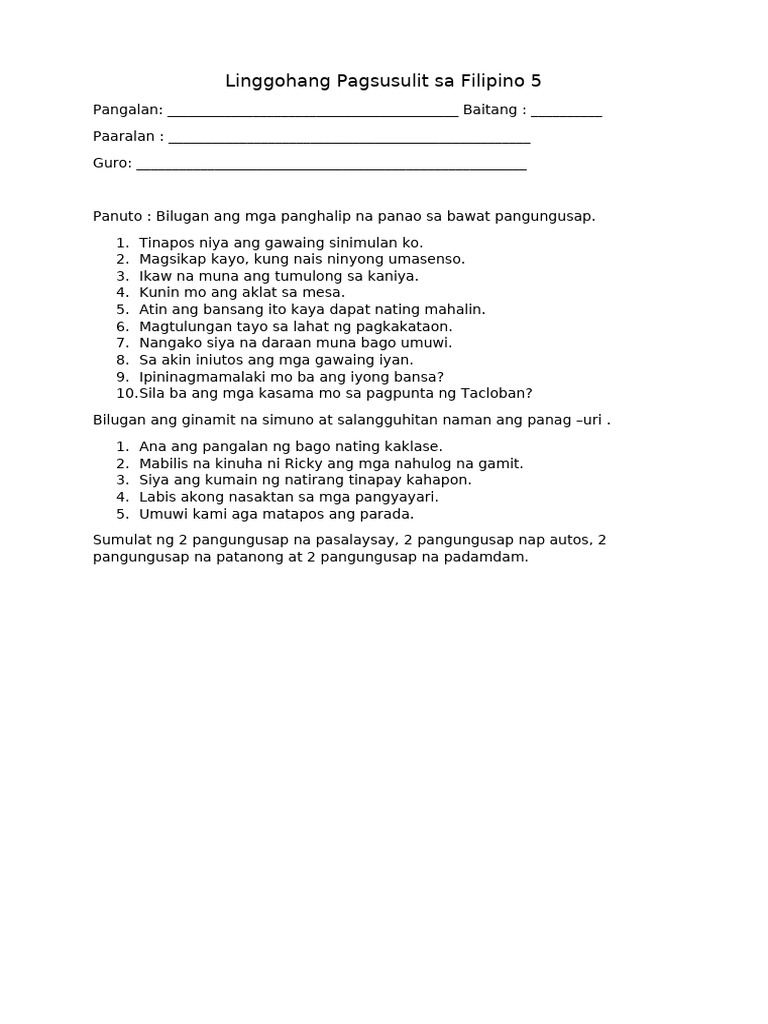 Weekly Test in FIlipino | PDF