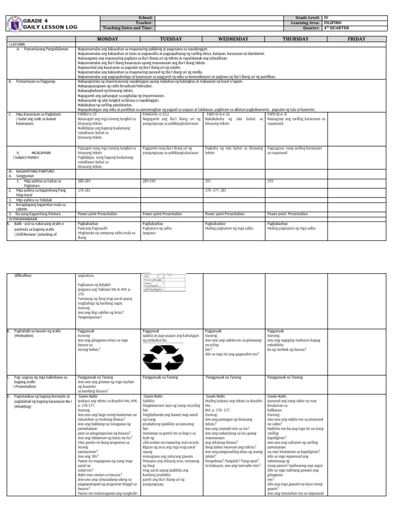 DLL - Filipino 4 - Q4 - W6 | PDF