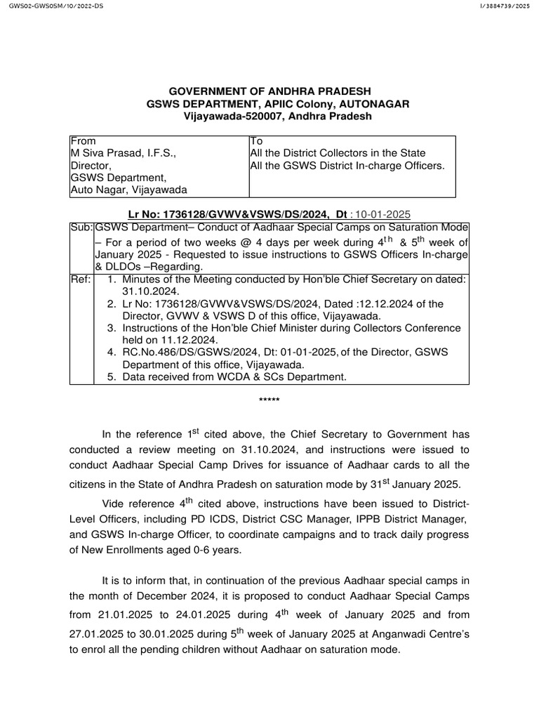 LTR Collectors GSWS Aadhaar SPL Camps New Enrolment Jan 2025 Reg | PDF | Politics Of India | Privacy