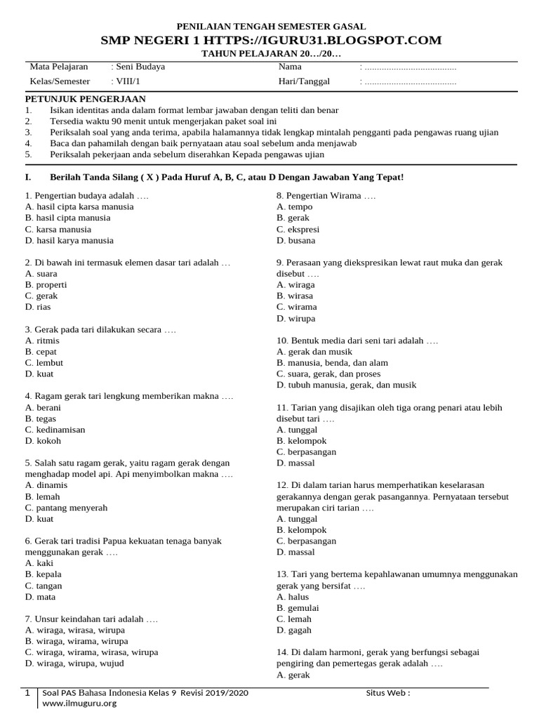 15. Soal PTS Seni Budaya Kelas 8 | PDF