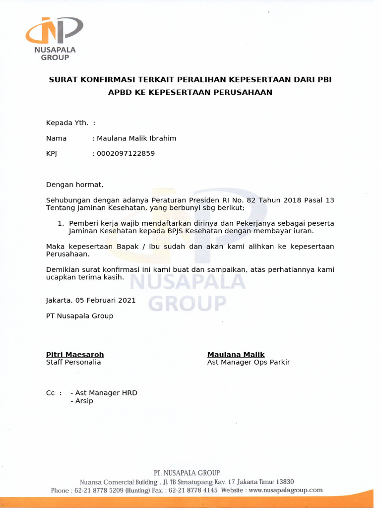 Surat Konfirmasi Peralihan Dari Bpjs Pemerintah Ke Bpjs Perusahaan | PDF