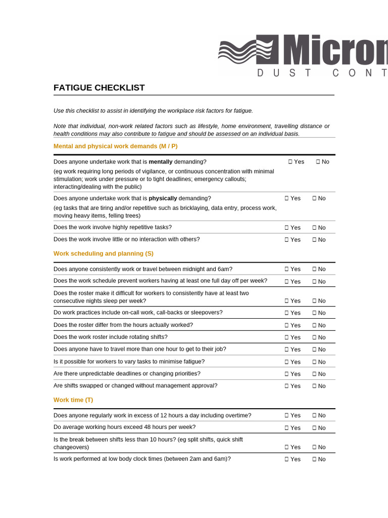 Fatigue Management Checklist | PDF | Risk | Occupational Safety And Health