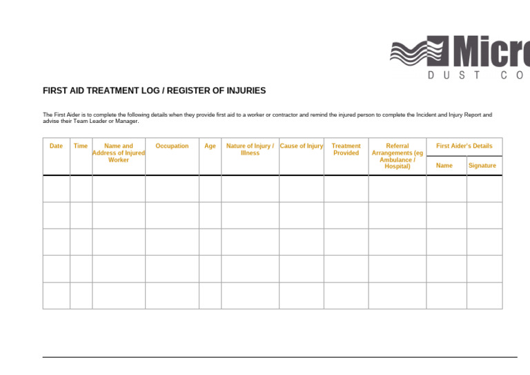 First Aid Treatment Log Template | PDF