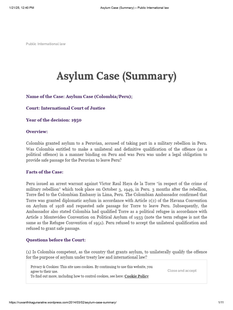 Asylum Case (Summary) - Public International Law | PDF | Right Of ...