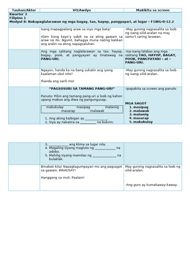 FOR QA - Filipino 1 - Kwarter 3 - Linggo 8 | PDF