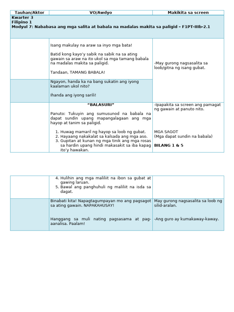 FOR QA - Filipino 1 - Kwarter 3 - Linggo 7 | PDF