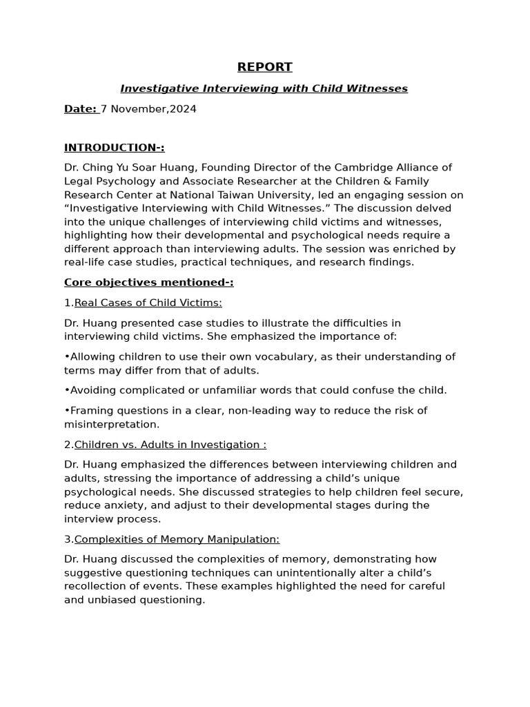 Report On Investigative Interview | PDF | Psychological Concepts ...