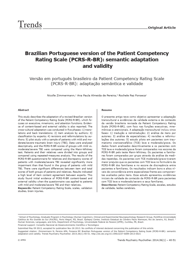 Patient Competency Rating Scale - Versão Brasileira (PCRS-R-BR) | PDF ...