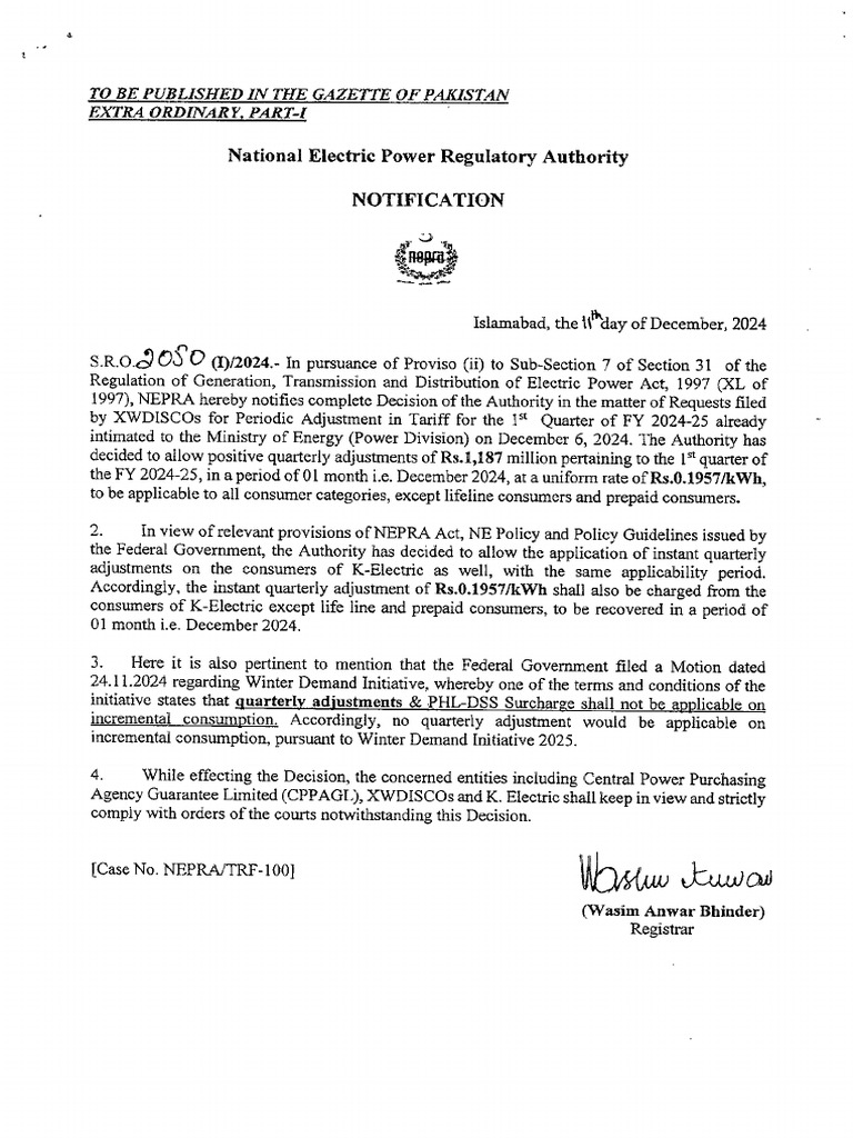 TRF-100 XWDISCOs SRO 2050 11-12-2024 For 1st QTR FY 2024-25 | PDF | Tariff