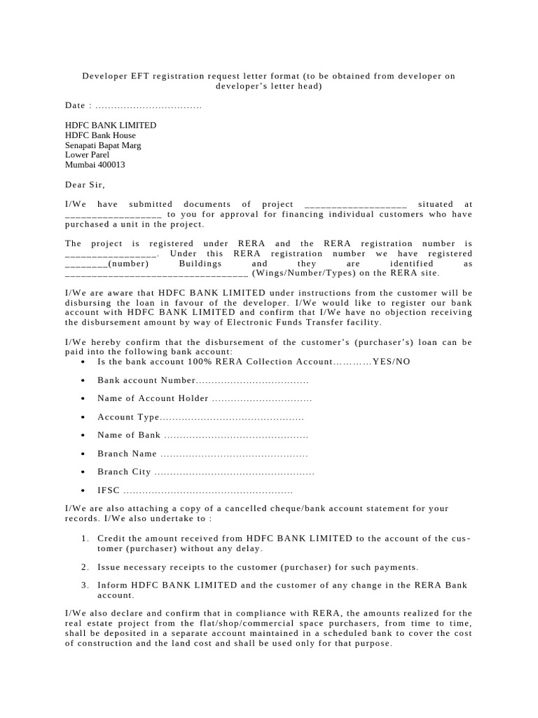 Developer EFT Registration Request Letter Format | PDF | Banks | Financial Services