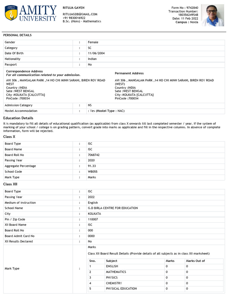 Amity University Application Form | PDF