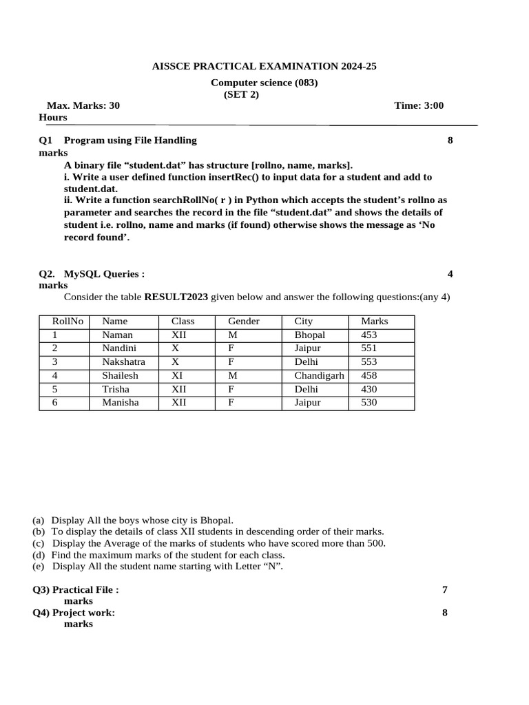 AISSCE PRACTICAL EXAMINATION 2024 Set-2 | PDF