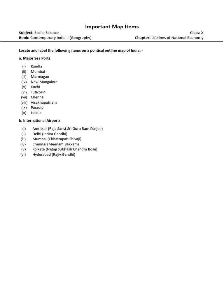 Important Map Items (Geography - Lifelines of National Economy) | PDF