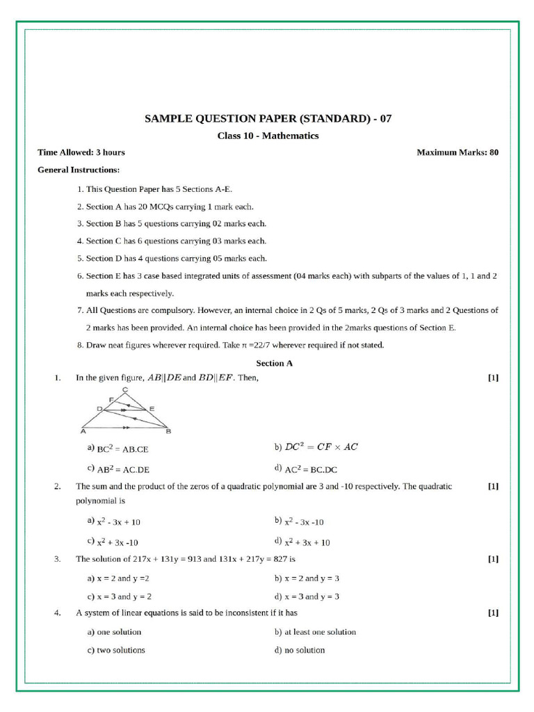 Sample Paper Maths 1 | PDF