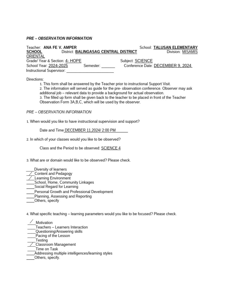 pre observation form | PDF | Teachers | Learning
