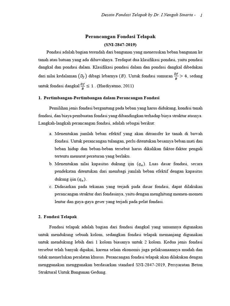 Perancangan Fondasi Telapak (SNI-2847-2019) | PDF