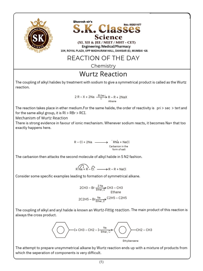 Wurtz Reaction Mechanism and Products | PDF | Ether | Sodium