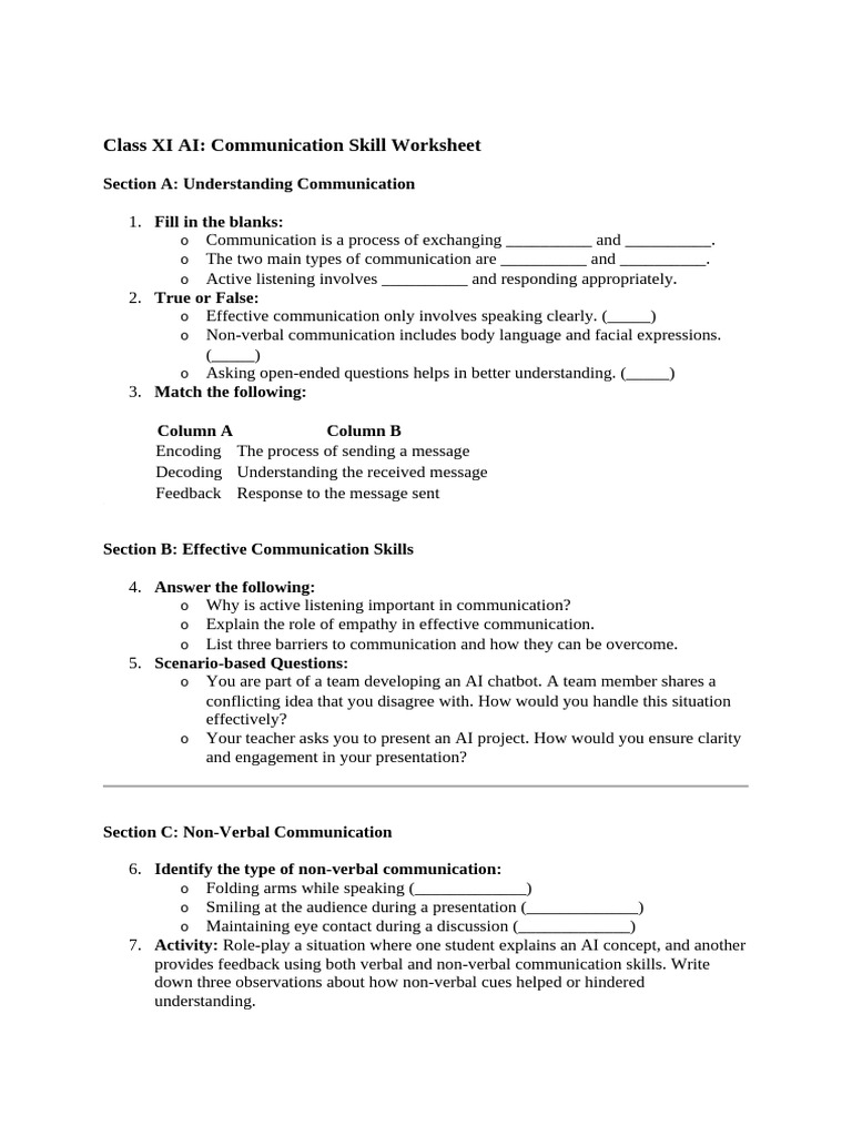 Communication Skill Work Sheet Ai | PDF | Communication | Nonverbal ...