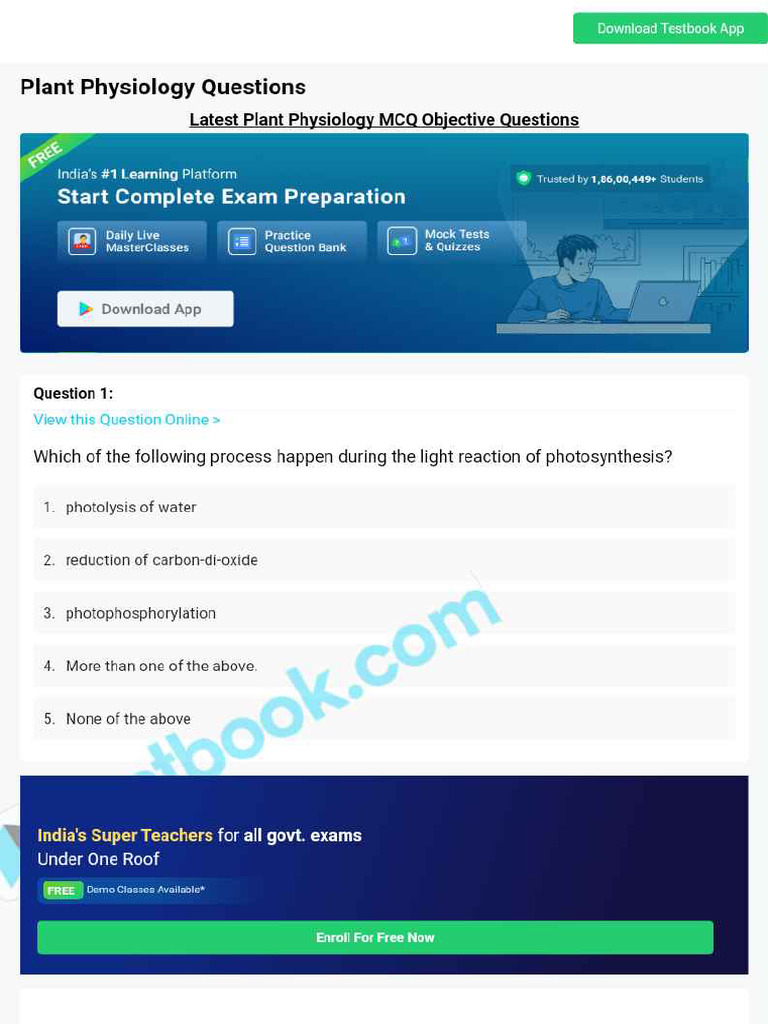 MCQ On Plant Physiology 632da2be4b35eebbc15f4efe | PDF