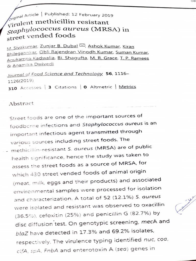 MRSA in Street Vended Foods Study | PDF
