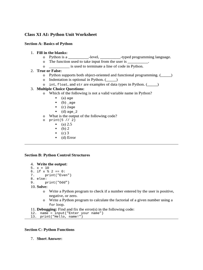 Class Xi Ai Python Worksheet Pdf Python Programming Language Computer Programming