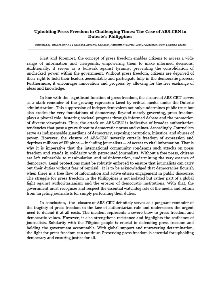 Essay On Press Freedom G3 | PDF | Freedom Of The Press | Democracy