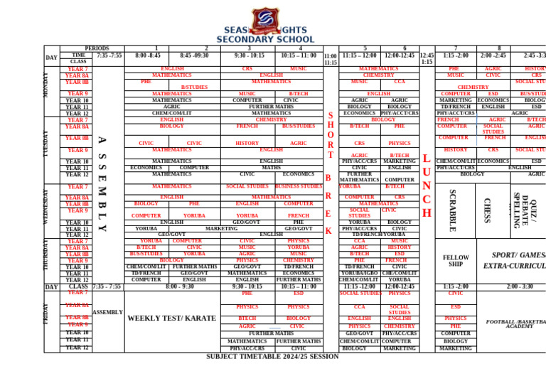New SSHS School Timetable 2025 New - 094708 Updated Version 3 | PDF | Science | Mathematics