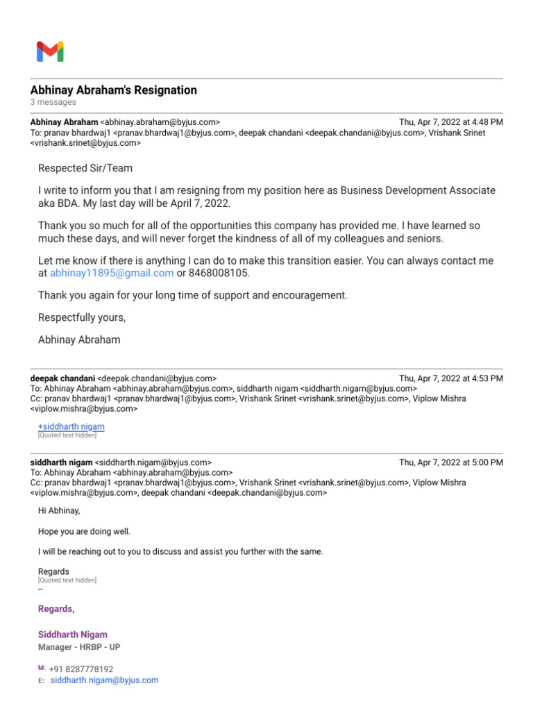Gmail - Abhinay Abraham's Resignation | PDF