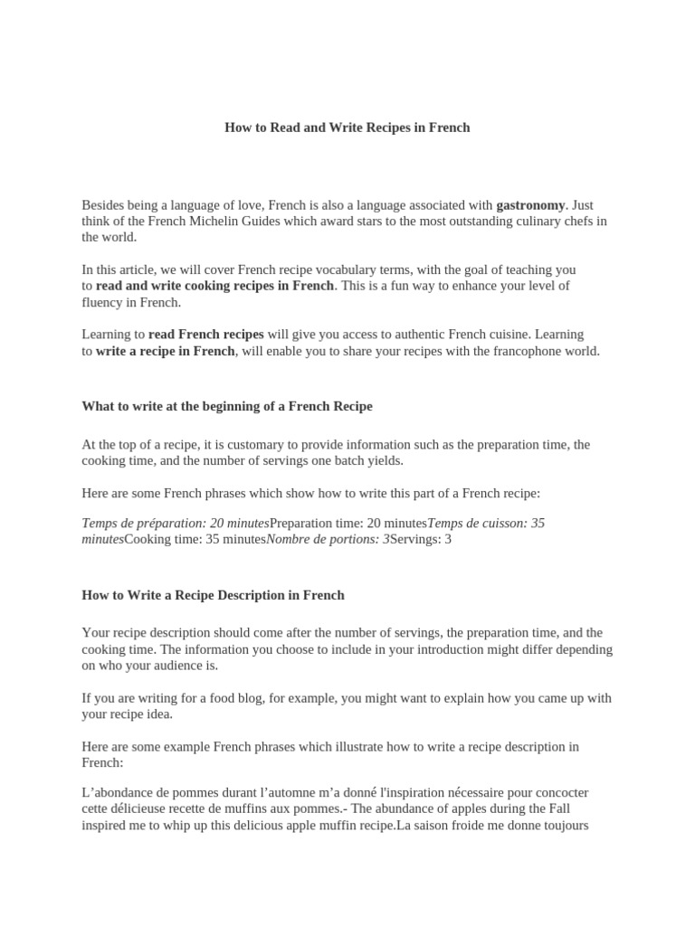 French Recipe Reading & Writing Guide | PDF | French Cuisine | Foods