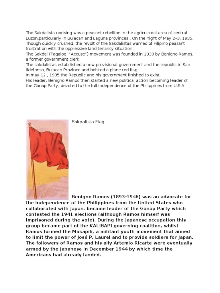 The Sakdalista Uprising Was A Peasant Rebellion in The Agricultural ...