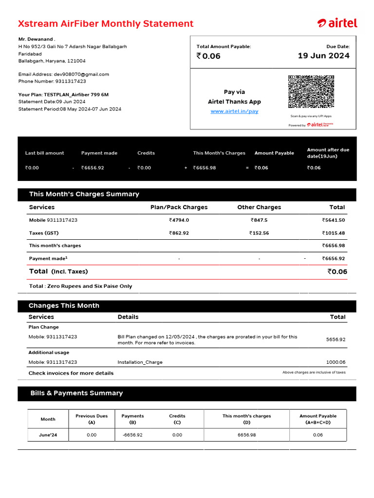 Airtel Wifi Bill | PDF | Payments | Government Finances