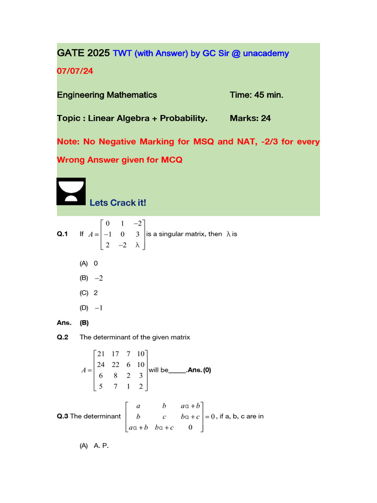 GATE 2025: Linear Algebra & Probability | PDF | Matrix (Mathematics ...