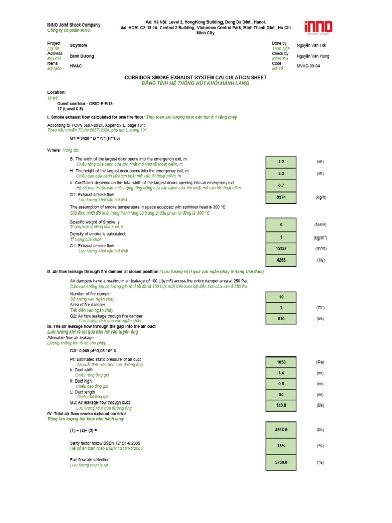 Corridor Smoke Exhaust System Calculation Sheet: Bảng Tính Hệ Thống Hút ...